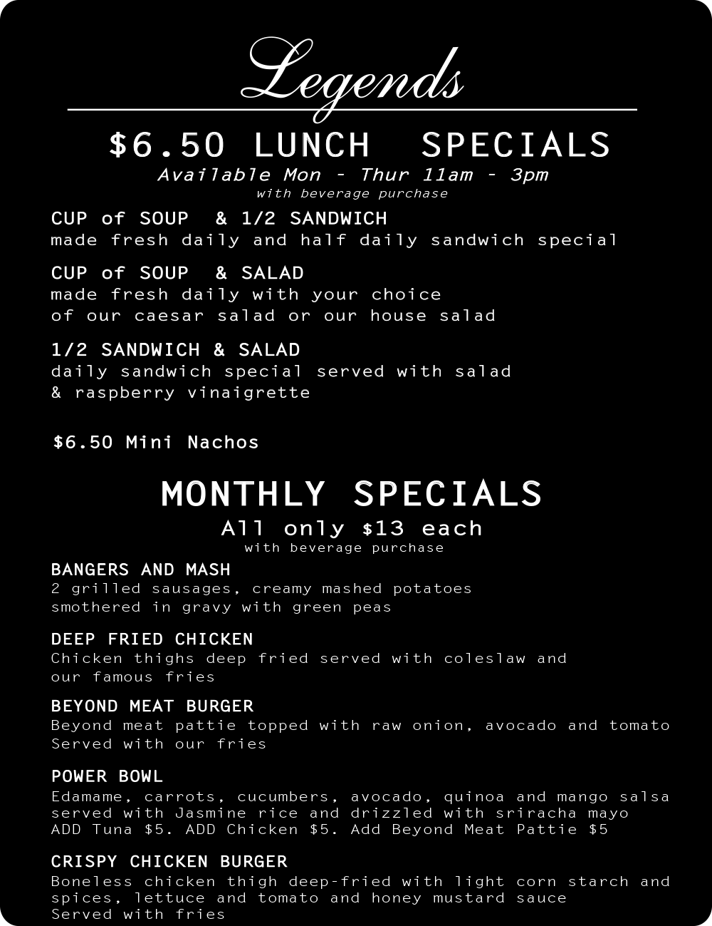 Menu | Legends Pub & Restaurant