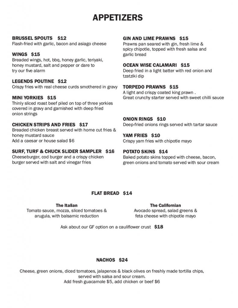 Menu | Legends Pub & Restaurant