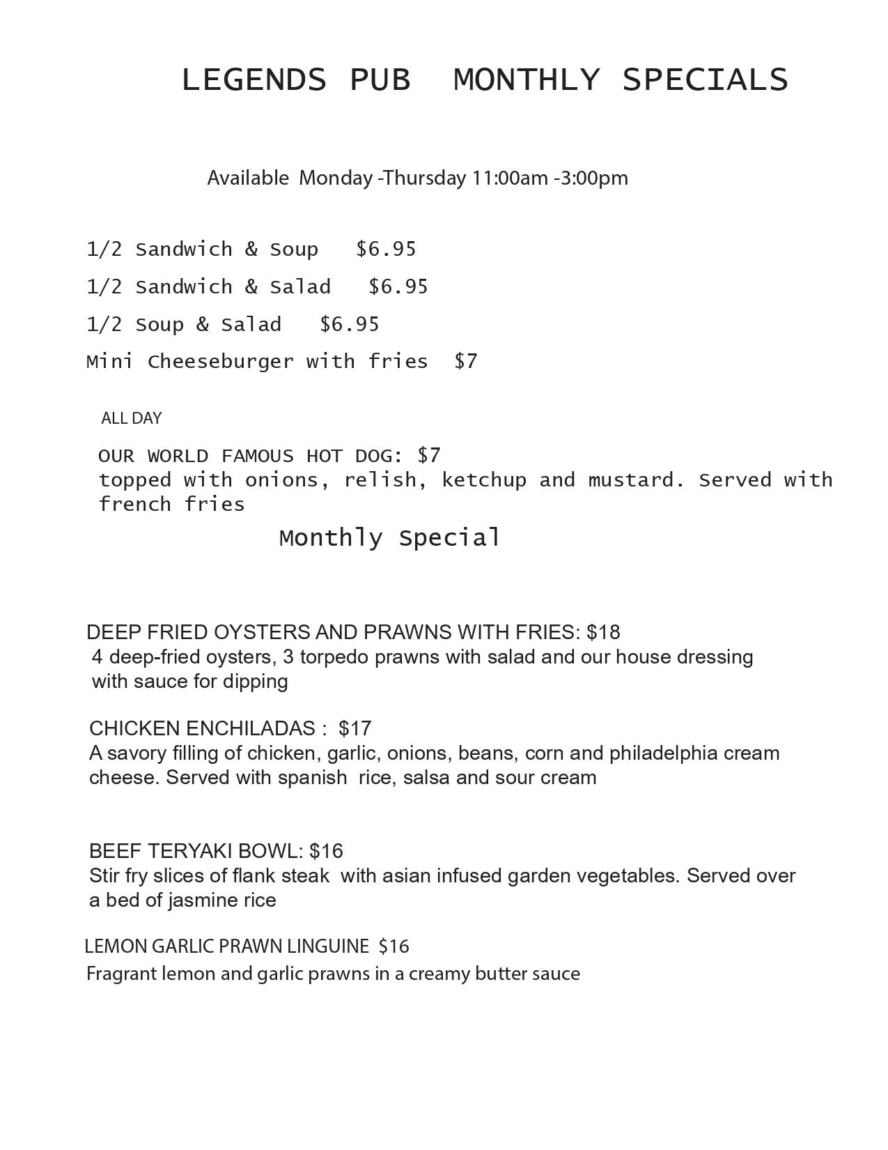 Menu | Legends Pub & Restaurant